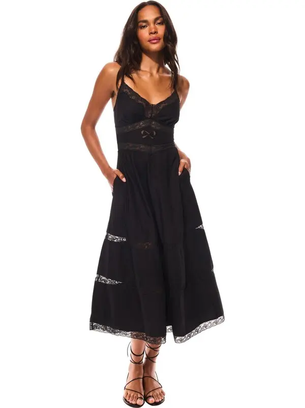 LoveShackFancy Catryn Lace Bow Cotton Midi Dress - Black