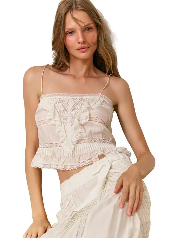 LoveShackFancy Ondeline Silk Lace Ruffle Cami - Ivory