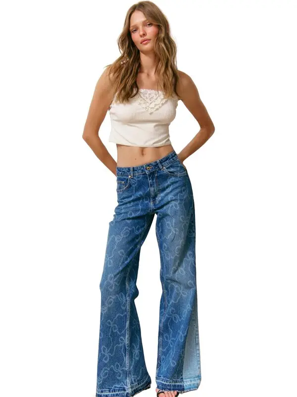 LoveShackFancy Ambrina Bow Print Wide Leg Jeans - Bow Chambray