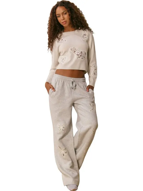 LoveShackFancy Elma Lace Bow Sweatpants - Heather Grey