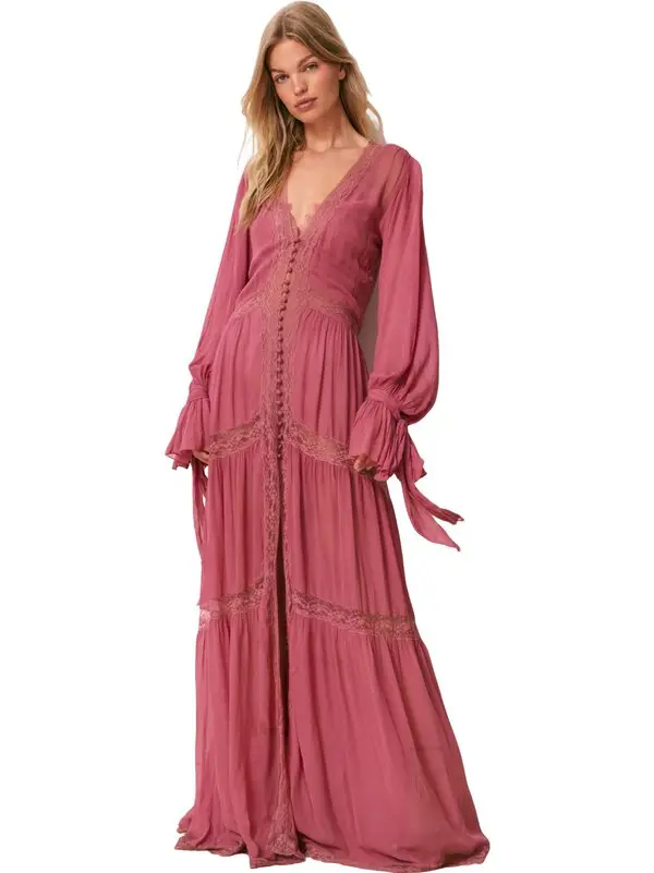 LoveShackFancy Lyvienne Chiffon Lace Maxi Gown - Deep Rose