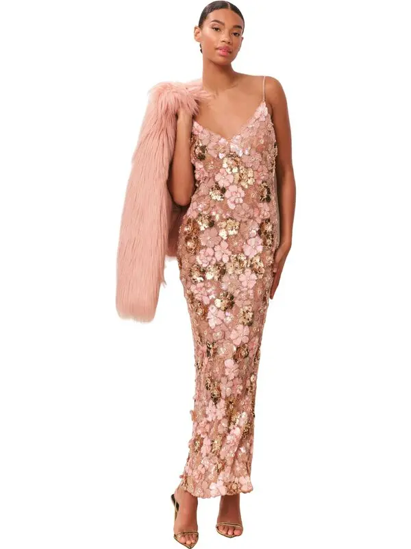 LoveShackFancy Fleurina Sequin Floral Dress - Rose Gold