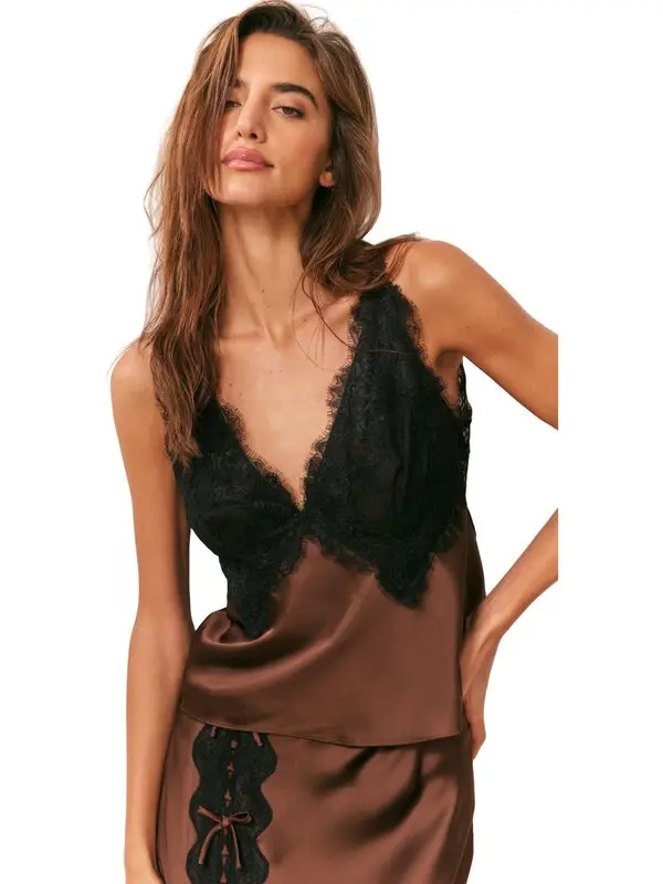 LoveShackFancy Elloryn Satin Cami Top - Chocolate Brown