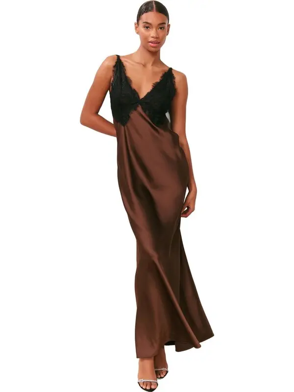 LoveShackFancy Iridia Satin Maxi Slip Dress - Chocolate Brown