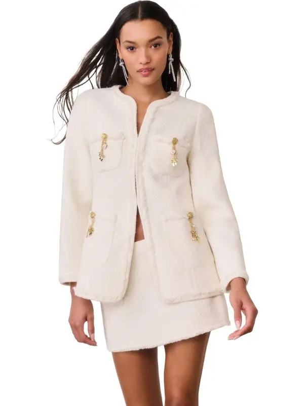 LoveShackFancy Adrina Tweed Embellished Jacket - Cream