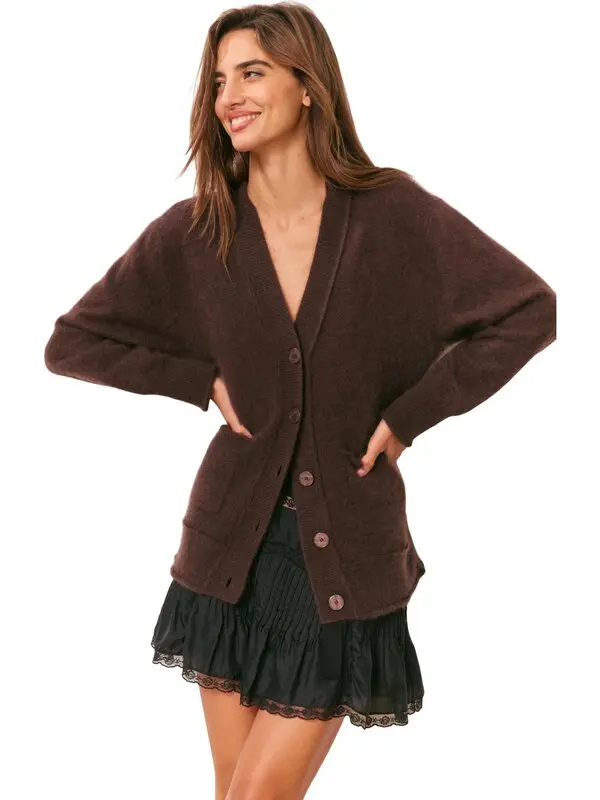 LoveShackFancy Applene Brushed Cashmere Cardigan - Chocolate Brown