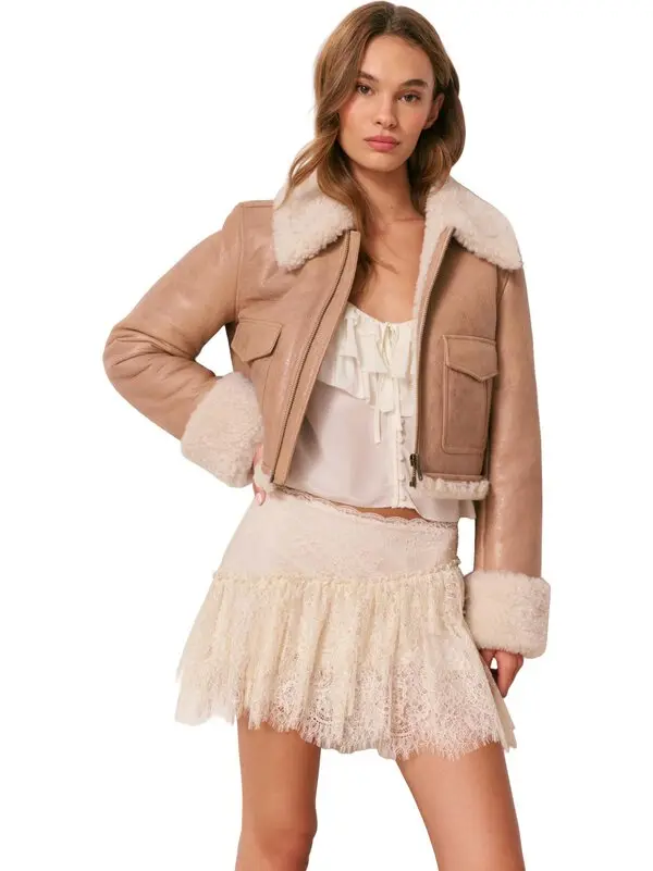 LoveShackFancy Cropped Shearling Jacket - Oat Taupe