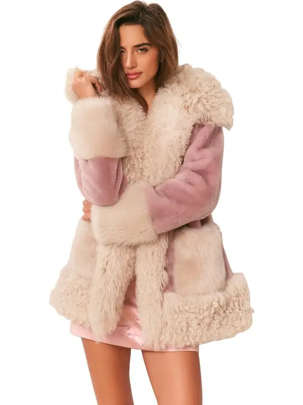 LoveShackFancy Tuskara Oversized Shearling Jacket - Pink Cream