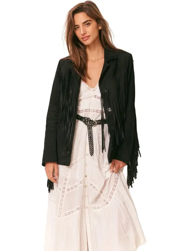LoveShackFancy Geraline Suede Fringe Jacket - Black