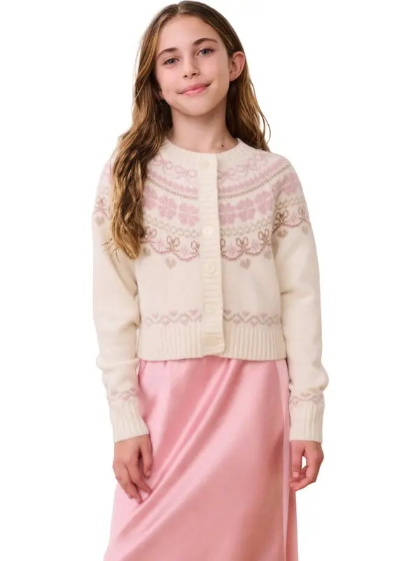 LoveShackFancy Tween Wrenna Fair Isle Cardigan - Pink Champagne