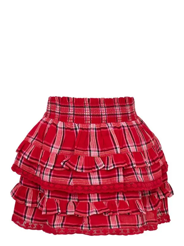 LoveShackFancy Tartan Shirred Tiered Skirt - Cherry Jubilee