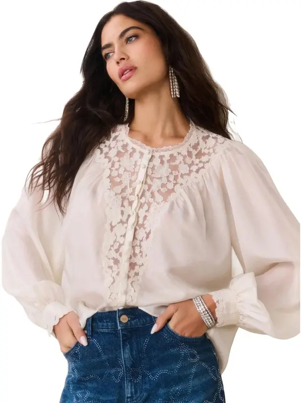 LoveShackFancy Carine Silk Lace Blouse - Ivory