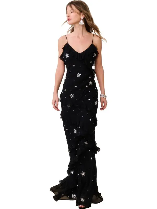LoveShackFancy Rialto Crystal Star Embellished Maxi Dress - Black