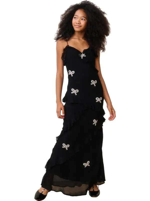 LoveShackFancy Mini Rialto Crystal Bow Maxi Dress - Black