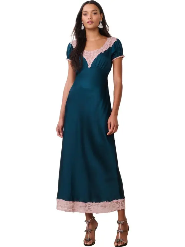 LoveShackFancy Taylis Satin Lace Midi Dress - Emerald Green