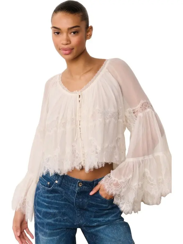 LoveShackFancy Darline Chiffon Lace Blouse - Ivory