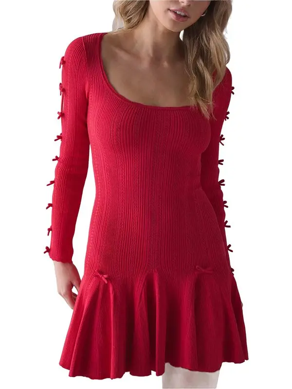 LoveShackFancy Seychelle Ribbed Pointelle Knit Dress With Bow Detailing - Candy Apple