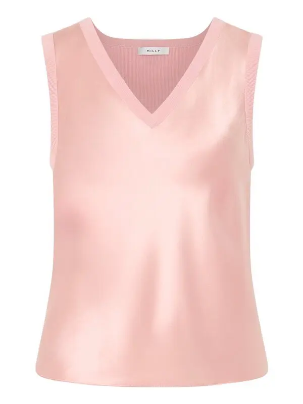 MILLY Satin Knit Combination V-neck Sleeveless Shell Top - Blush