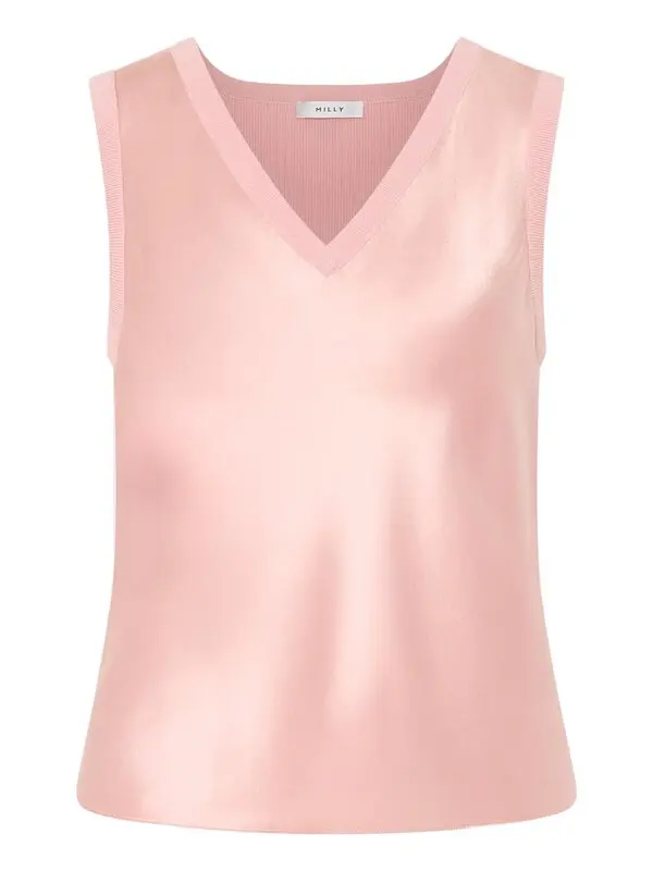 MILLY Satin Knit Combination V-neck Sleeveless Shell Top - Blush
