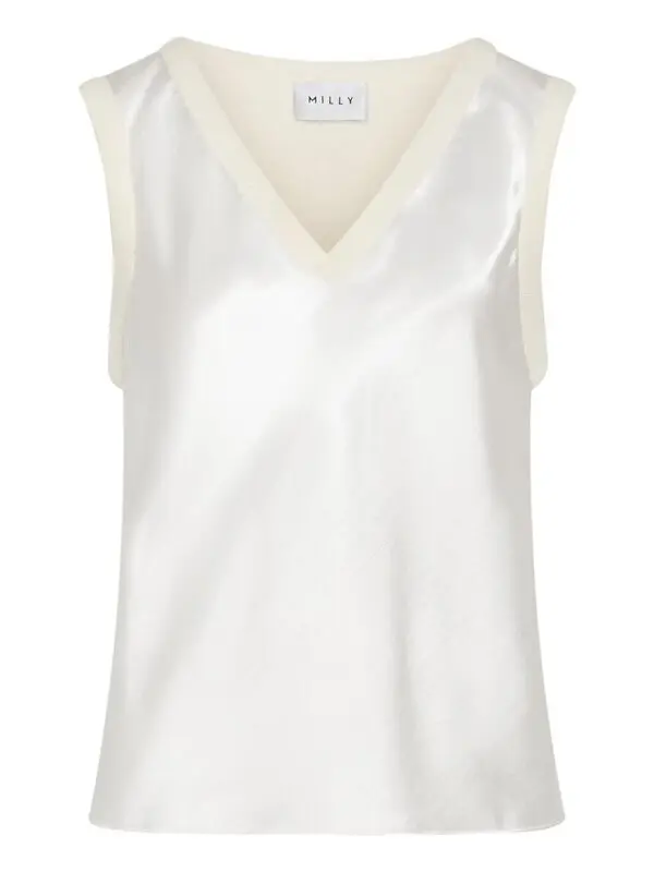 MILLY Satin Knit Combination V-neck Sleeveless Shell Top - White