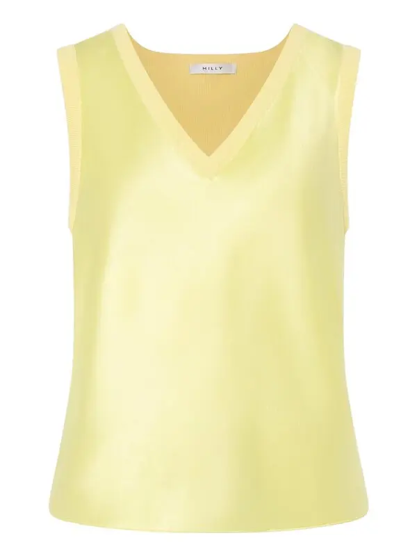 MILLY Satin Knit Combination V-neck Sleeveless Shell Top - Yellow