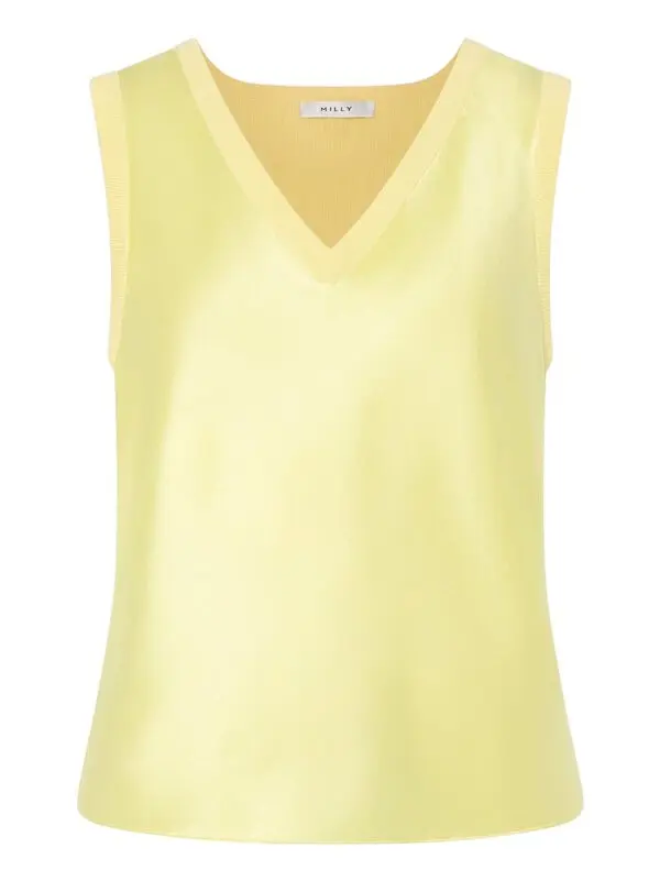 MILLY Satin Knit Combination V-neck Sleeveless Shell Top - Yellow