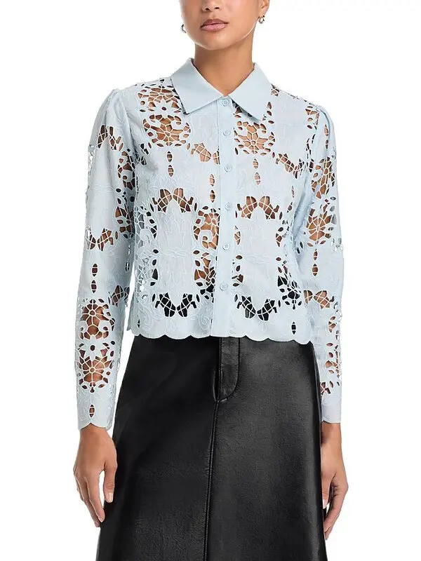 Aqua Lace Crop Long Sleeve Blouse - Light Blue