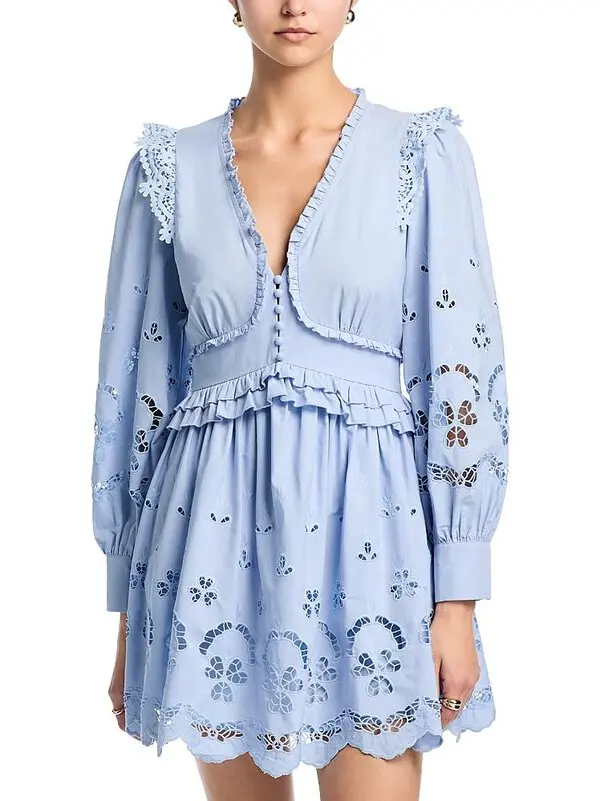 Aqua Embroidered Poplin Mini Dress - Blue
