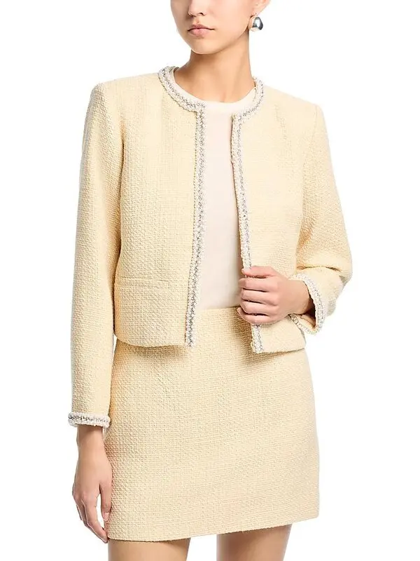 Aqua Tweed Blazer With Pearl Detail - Straw