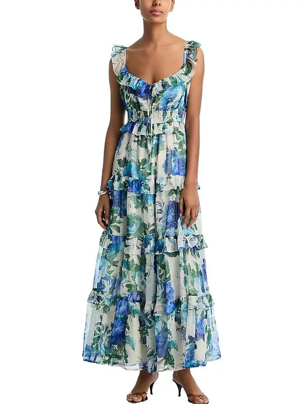 Aqua Floral Leaf Ruffle Smocked Maxi Dress - Blue