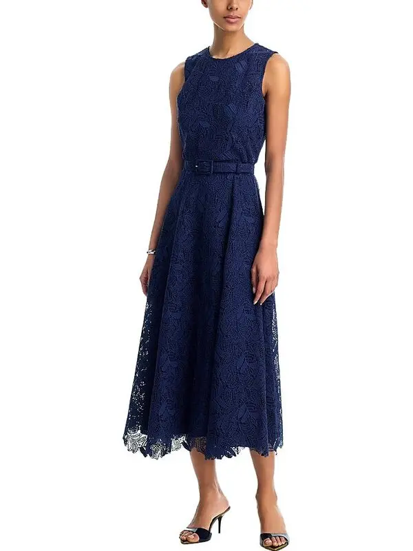 Aqua Leaf Lace Sleeveless Midi Dress - Indigo