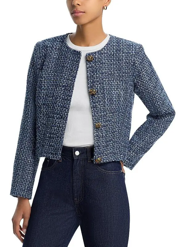 Aqua Collarless Tweed Blazer - Navy Multi