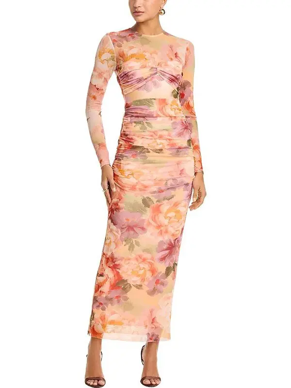 Aqua Mesh Long Sleeve Midi Dress - Coral Multi