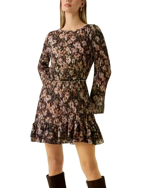 Guess Mini Dress With Ruffled Hem And Chain Belt - Brown