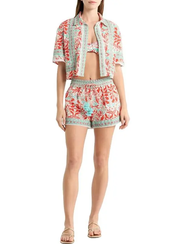 Ramy Brook Lorna Crop Cover-up Shirt - Flame Combo
