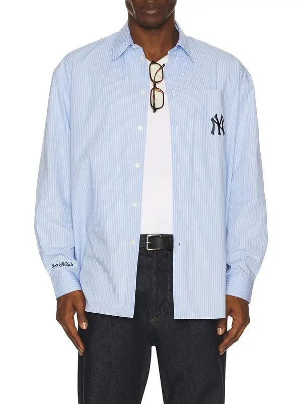 SPORTY & RICH Heritage Yankees Serif Oversized Shirt In Blue - Blue Stripe