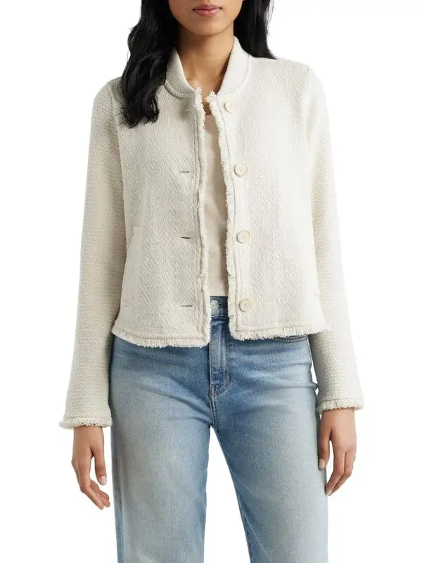 NIC+ZOE Fringe Mix Knit Bomber Jacket - Coconut