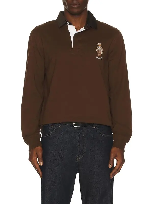 Polo Ralph Lauren Long-sleeve Jersey Knit Novelty Bear Rugby Polo W/ Cord Collar In Brown - Branch Brown