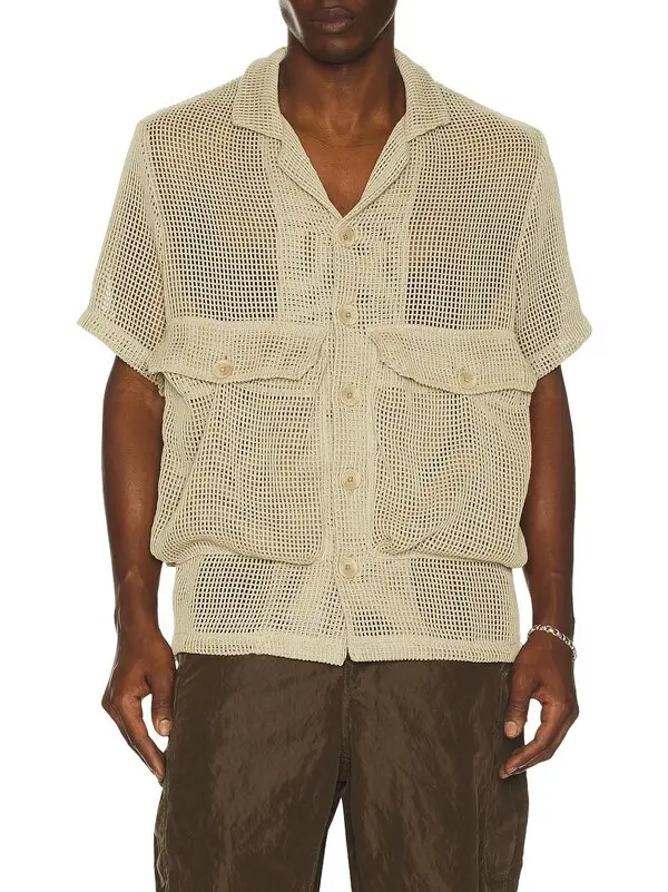 Reese Cooper Crochet Knit Short Sleeve Cargo Shirt In Tan - Khaki