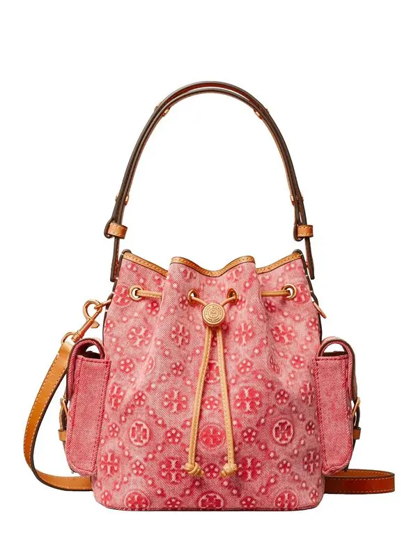Tory Burch T Monogram Denim Bucket Bag - Brilliant Red