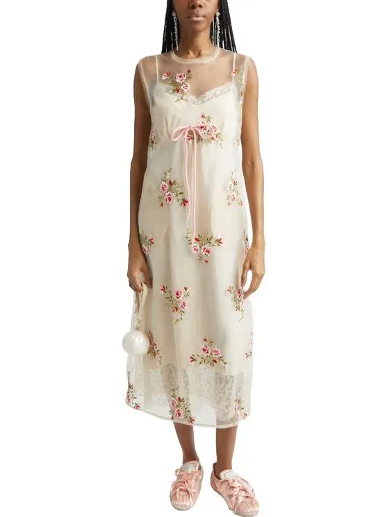 Simone Rocha Floral Embroidered Organza Column Dress - Nude Floral/pink