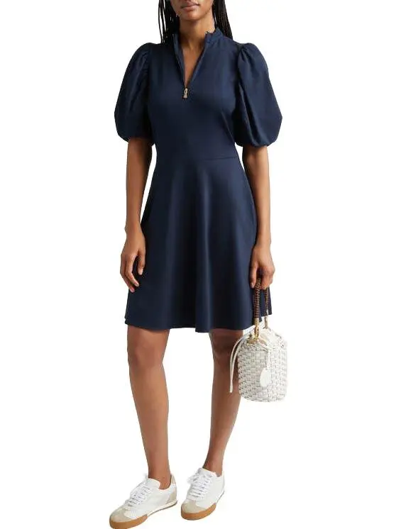 Eleventy Half-zip Ponte Knit Dress With Puff Sleeves - 11 Blue