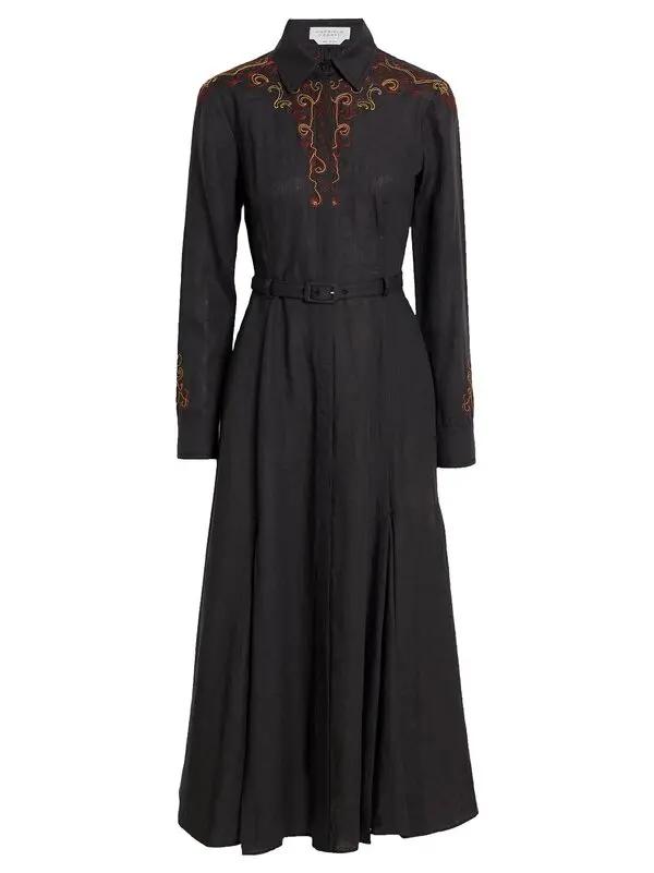 Gabriela Hearst Aloe Embroidered Pleated Linen Midi Shirt Dress - Charcoal