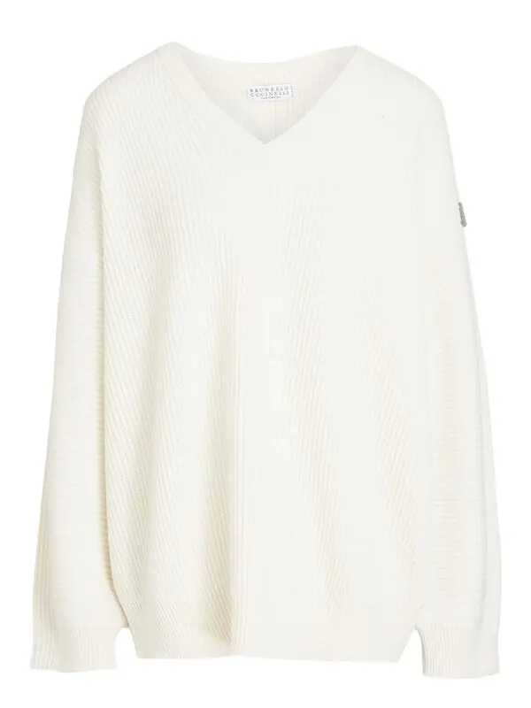 Brunello Cucinelli Bead-embellished Ribbed Cashmere Sweater - White
