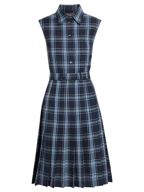Thom Browne Pleated Checked Wool And Linen-blend Shirt Dress - Navy