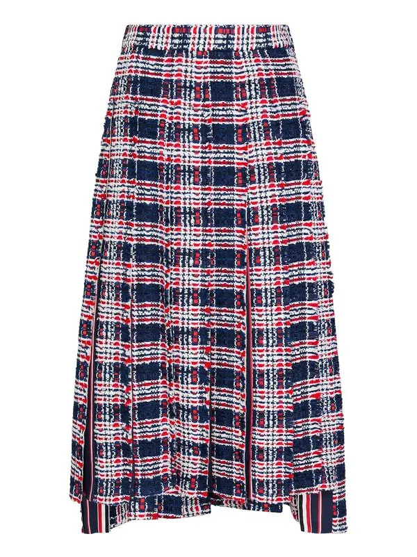 Thom Browne Pleated Checked Tweed Midi Skirt - Navy