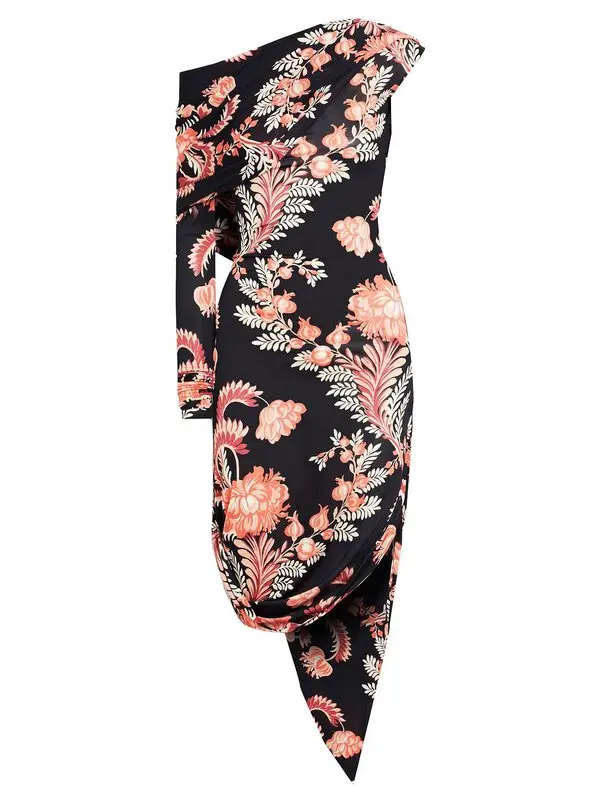 Etro Asymmetric Off-the-shoulder Floral-print Stretch-crepe Dress - Black