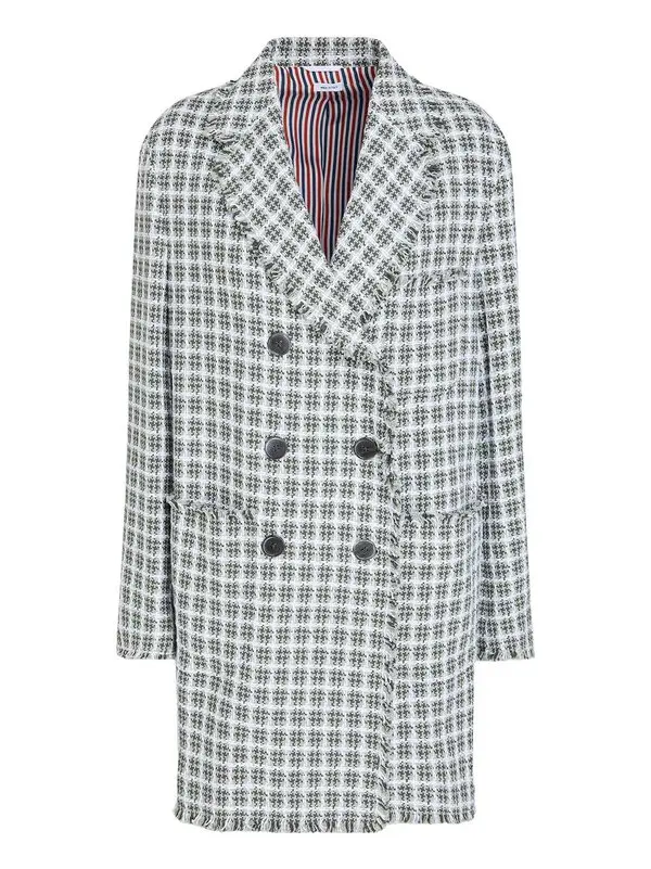 Thom Browne Checked Cotton-tweed Coat With Frayed Trims - Gray