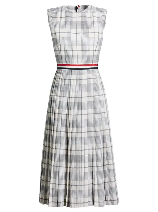Thom Browne Pleated Checked Wool Midi Dress - Gray