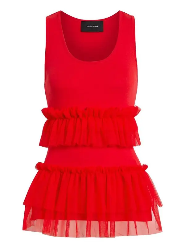 Simone Rocha Tulle-paneled Cotton-jersey Top - Red